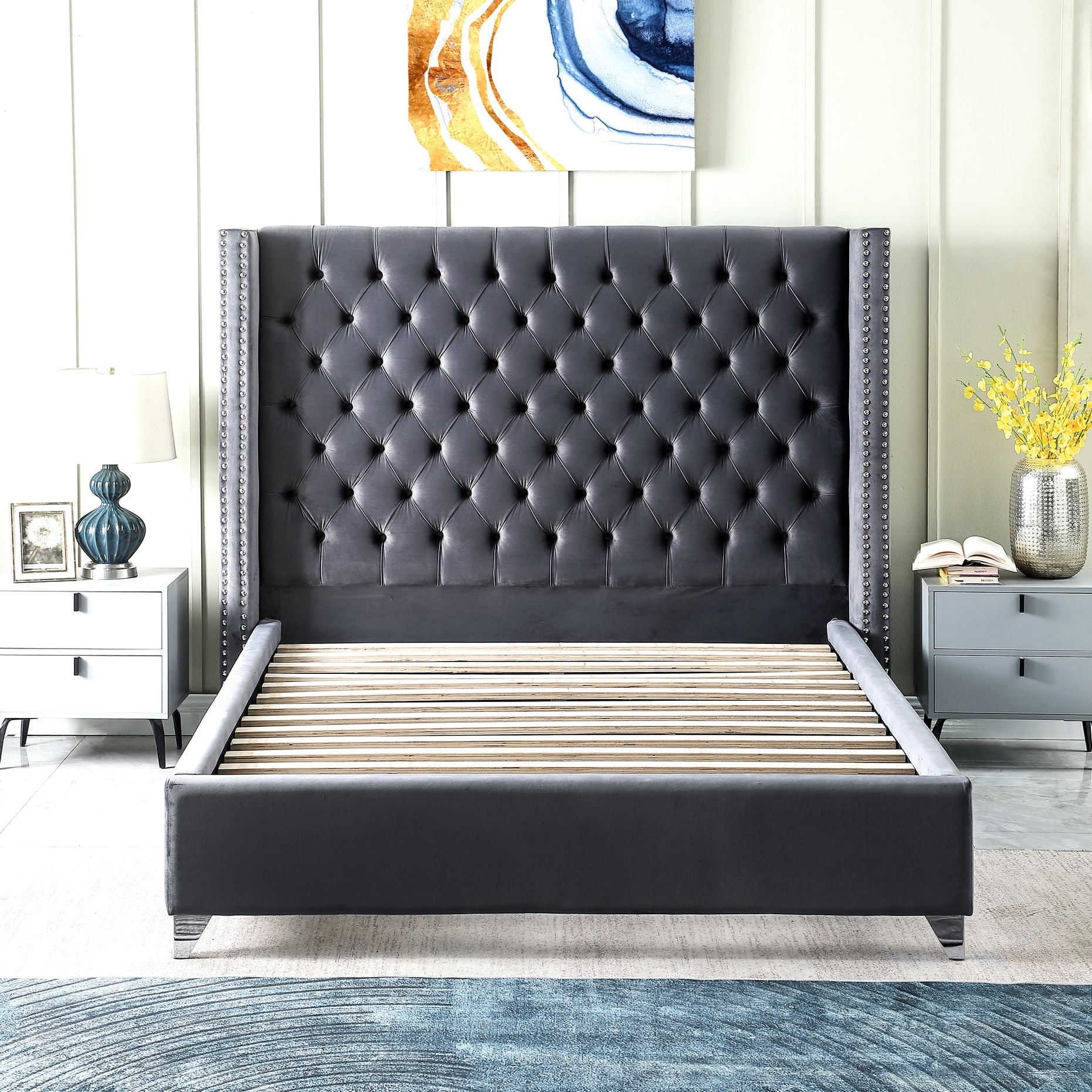 Comfortable Velvet Upholstered Bed, Plastic Floor Protectors, Queen ...
