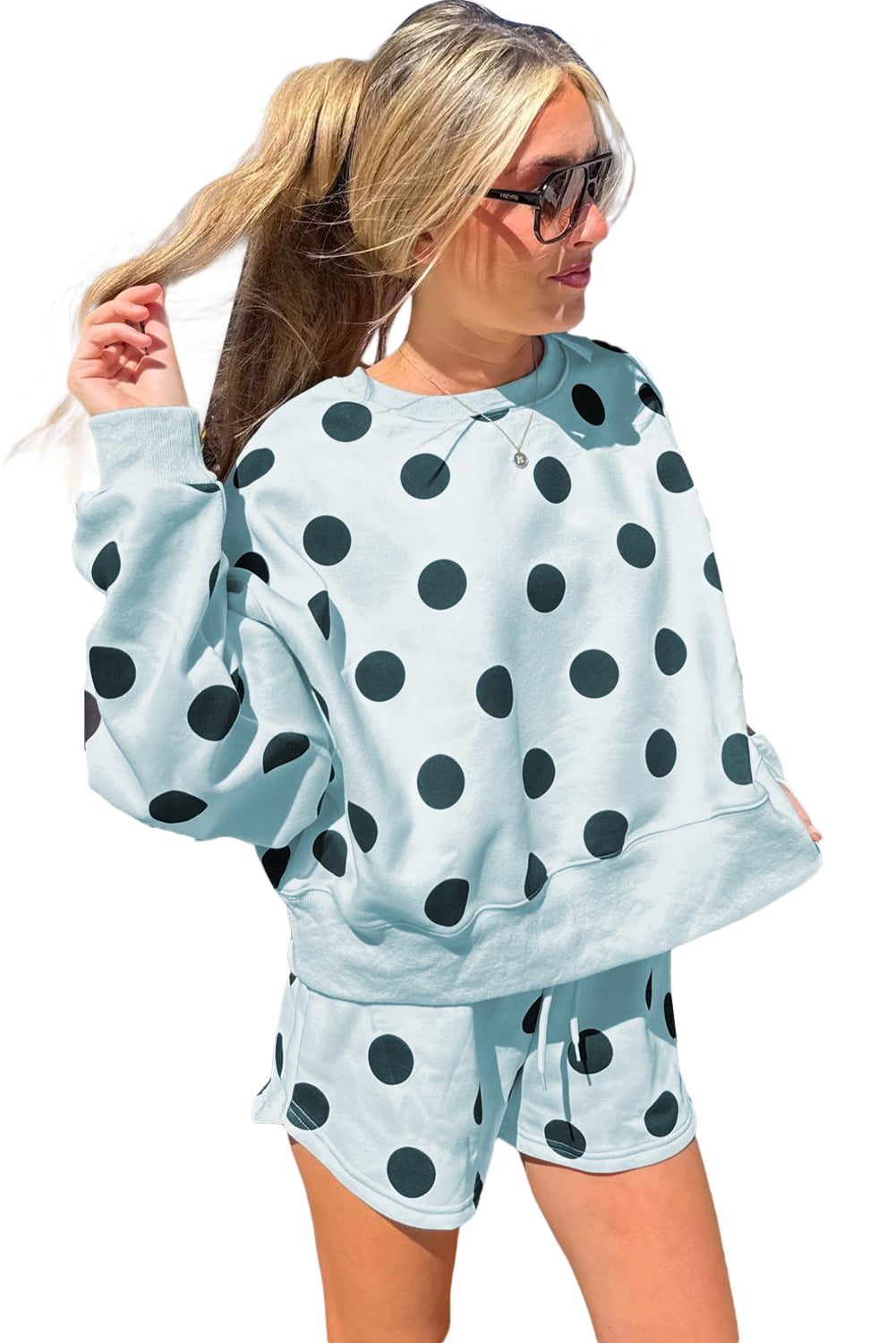 Comfortable Women's Sky Blue Polka Dot Set – Drop Shoulder Pullover and ...