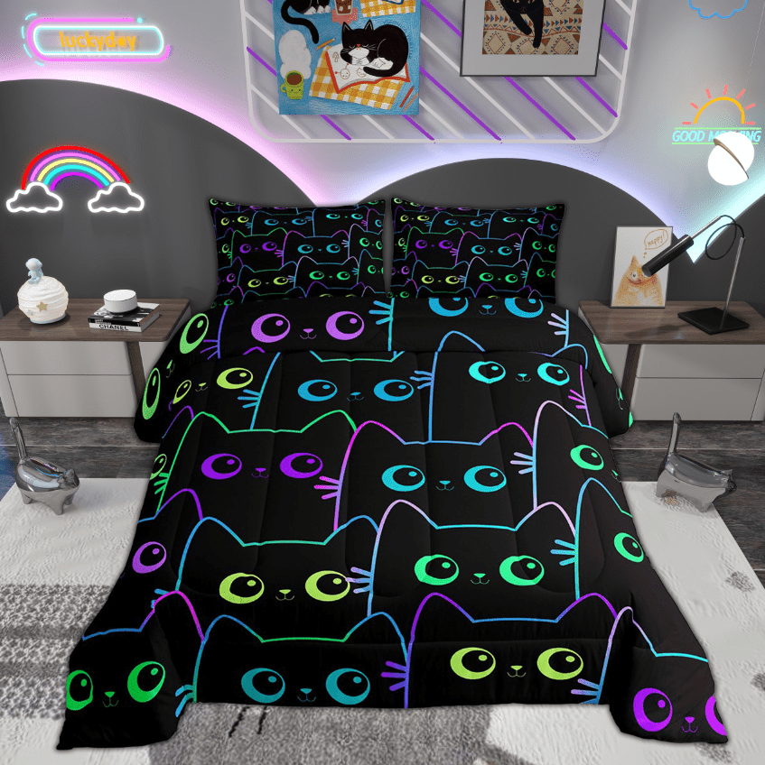 Comforter Cartoon Cat Bedding Gradient Line Graffiti Cat King Bed ...