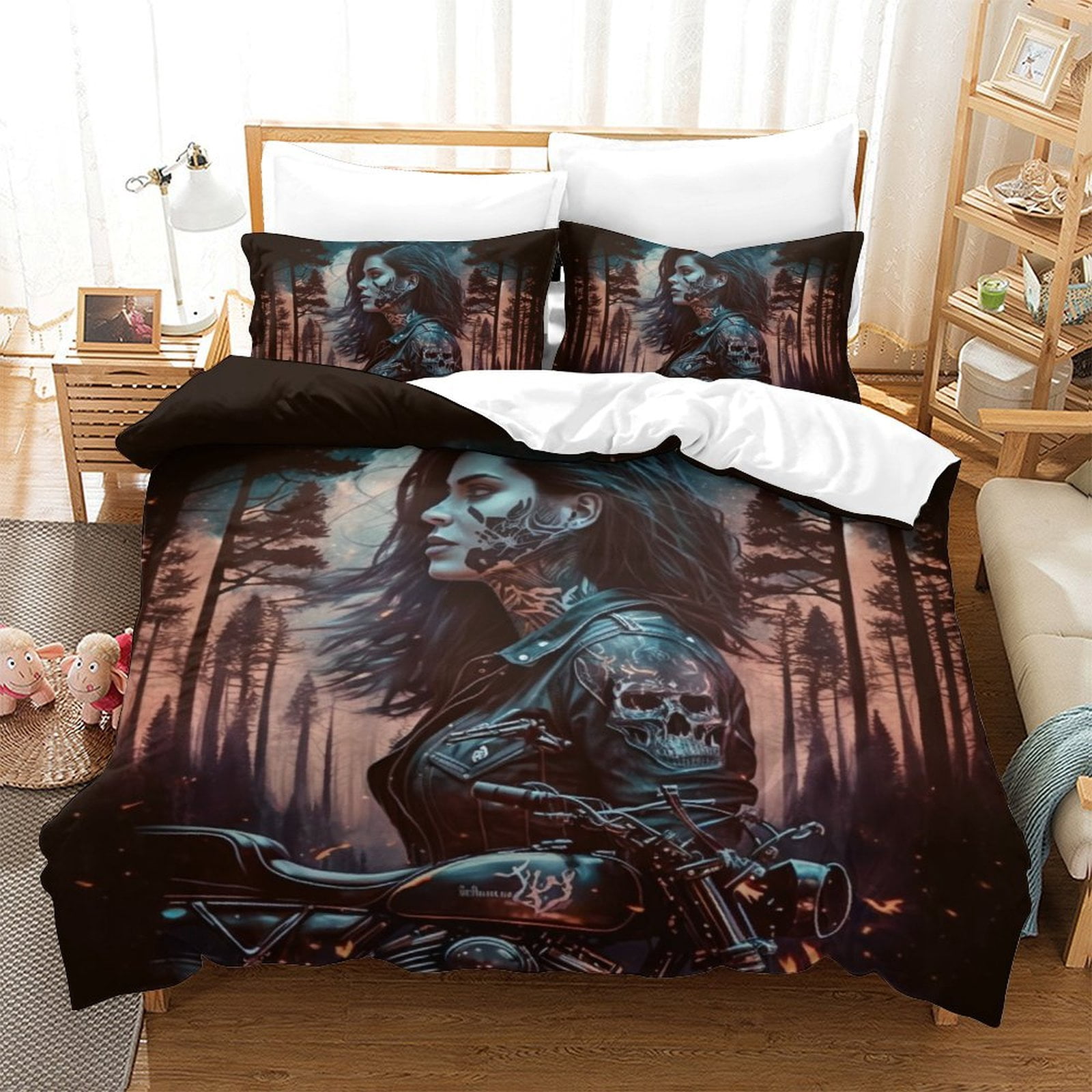 Comforter Cover Set 3D Skull Motorcycle Printed Bedspreads Adult High ...