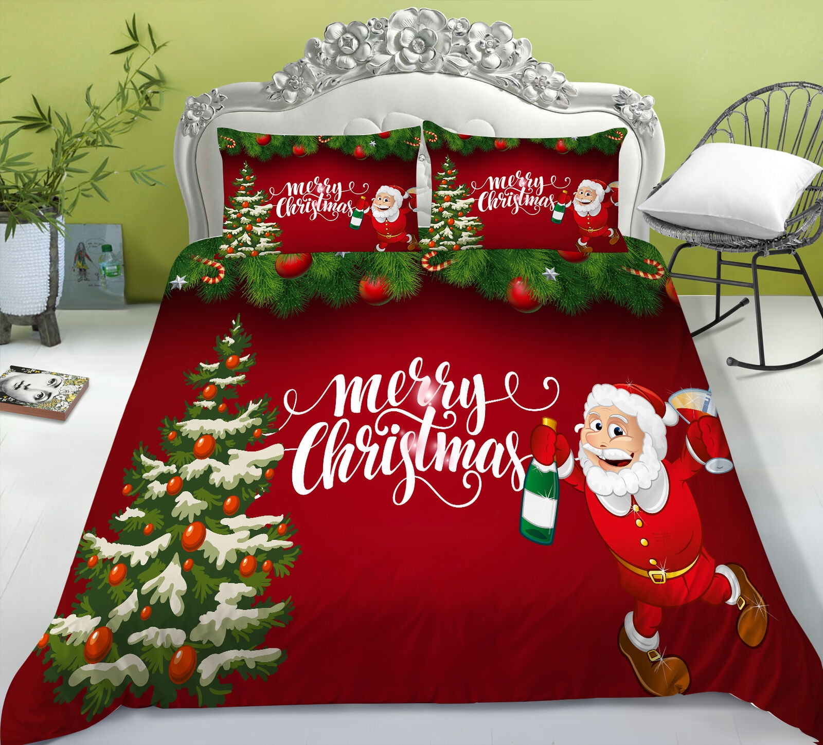 Comforter Cover Set Red Bed Set Cover 3D Santa Claus And Christmas Tree ...