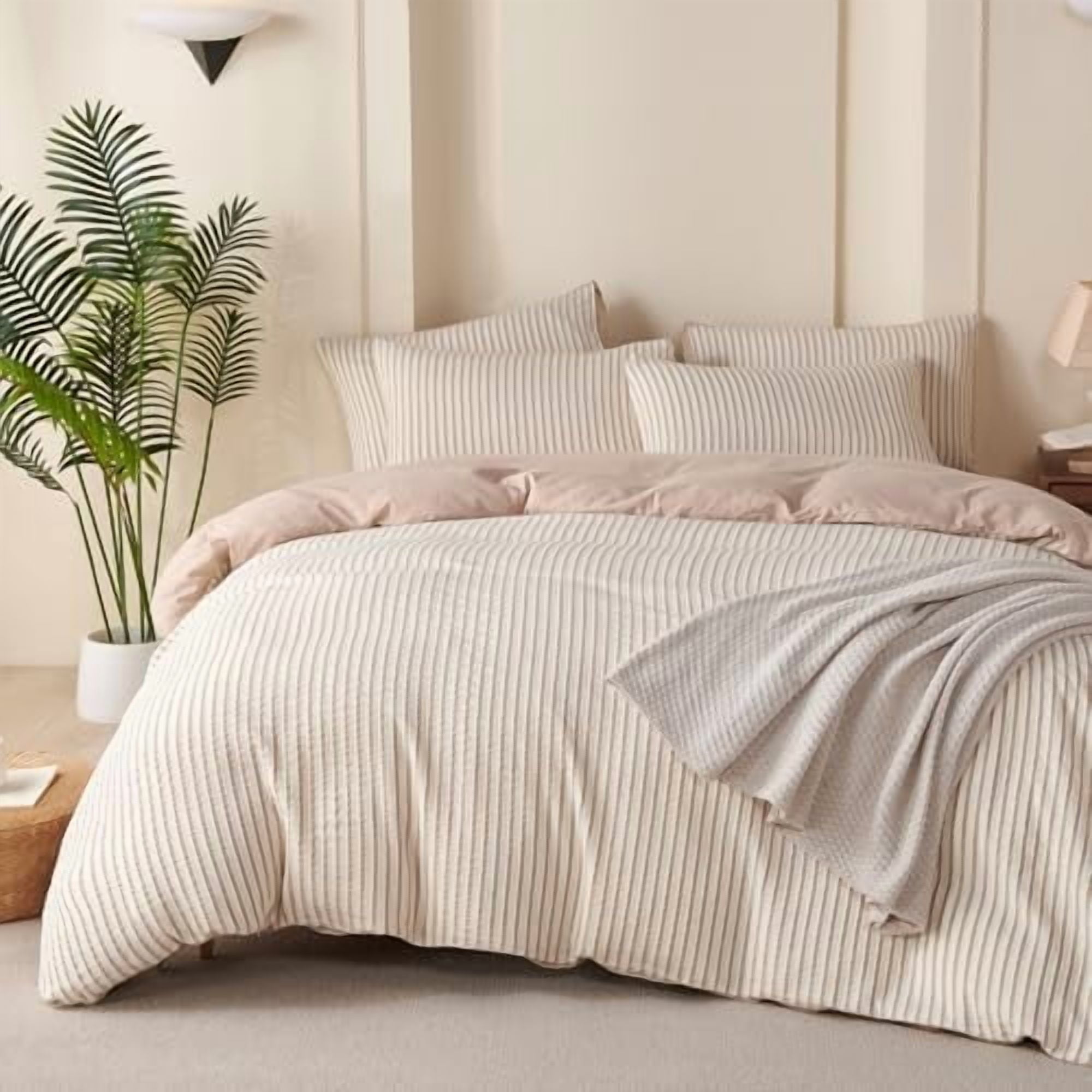 Comforter King Set Beige Striped Soft Luxury Washed Microfiber Jacquard ...