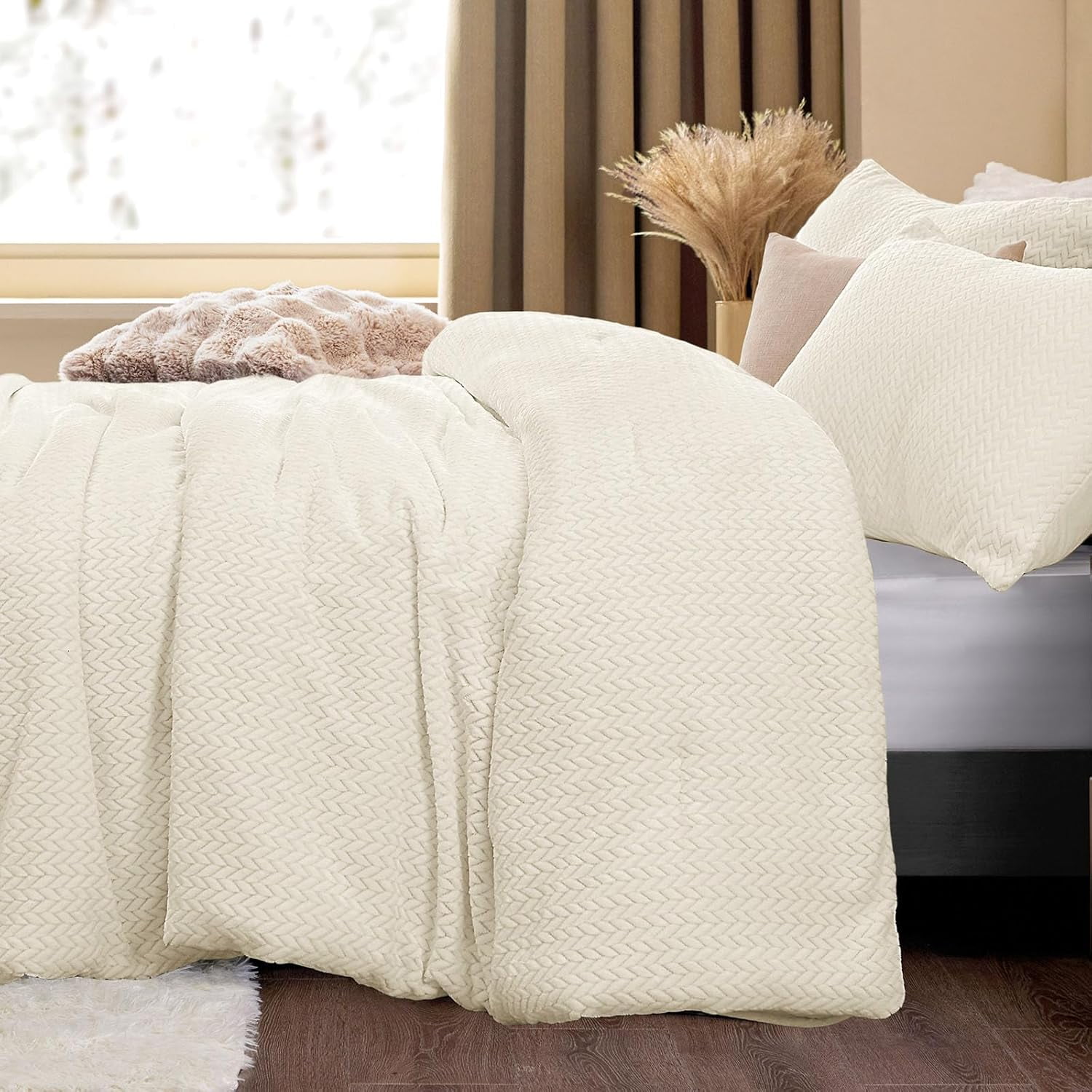 Comforter King Set - Furry Beige Leaves Pattern Faux Fur Bed Set ...