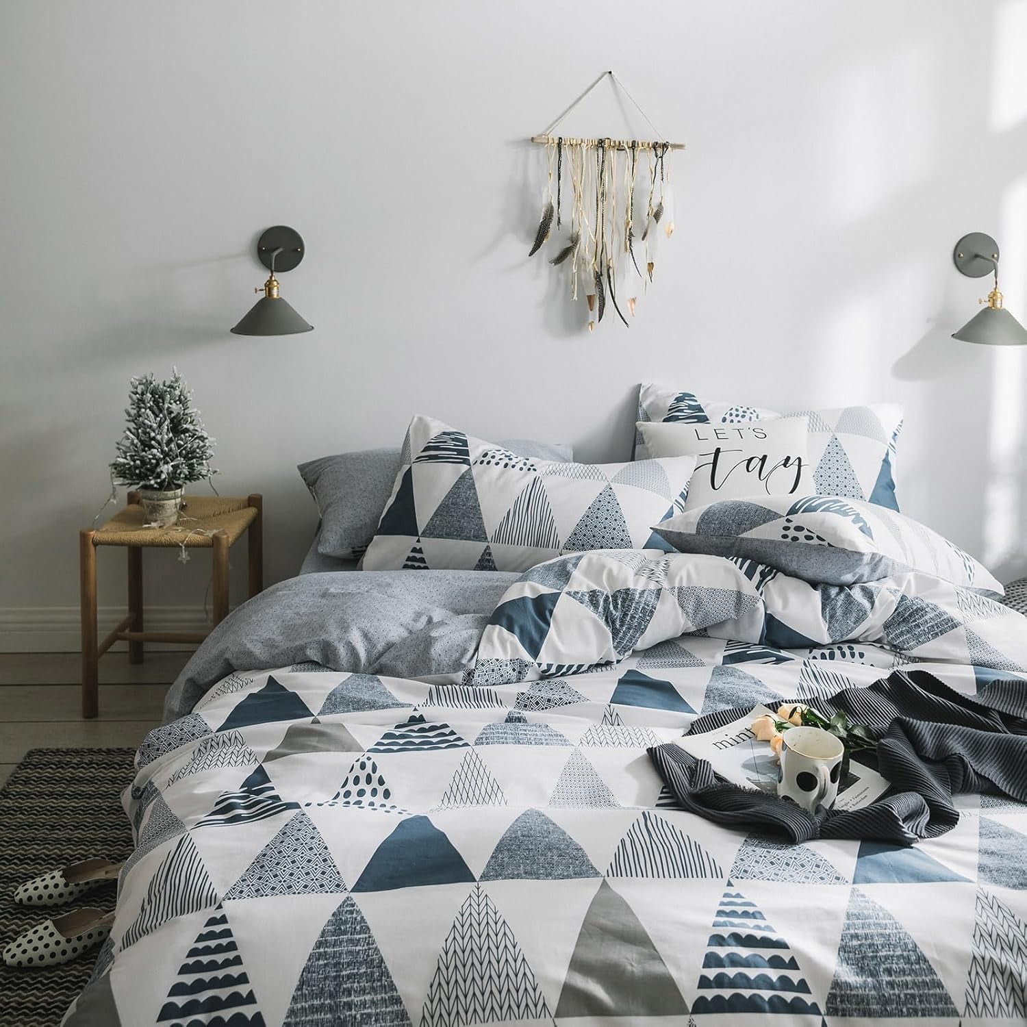 Comforter King Size Fluffy Modern Style Geometric Grayish Blue Triangle ...