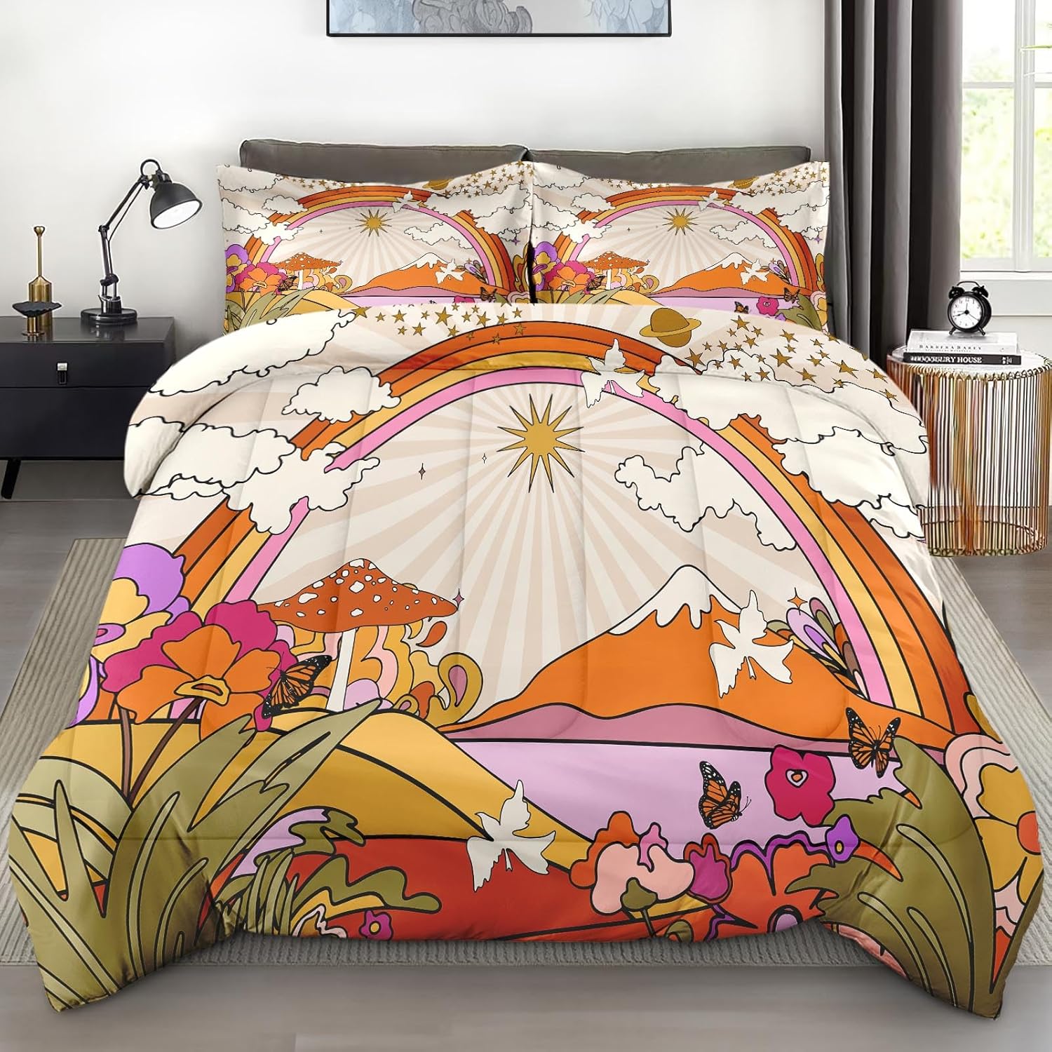 Comforter Set with 2 Pillowcases Queen Size, Hippy Mushroom Flower Sun ...