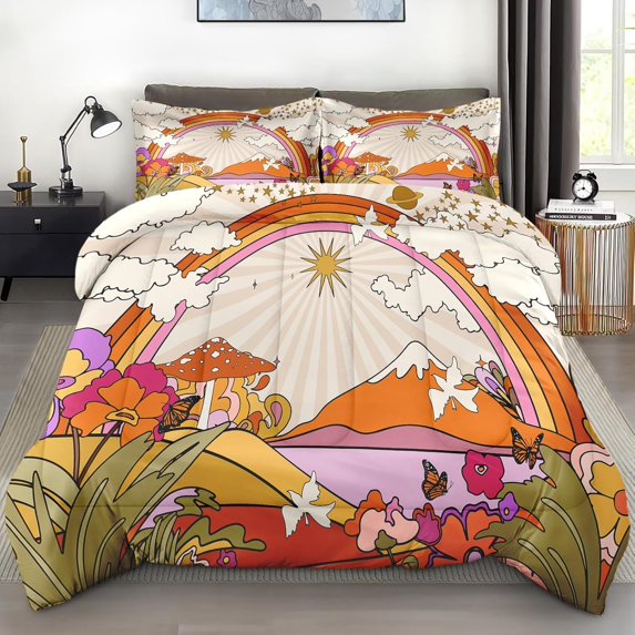 Comforter Set with 2 Pillowcases Queen Size, Hippy Mushroom Flower Sun ...