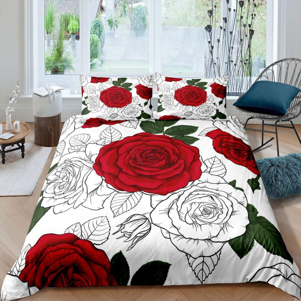 Comforter Set 3 Piece Red and White Rose Print Comforter Set Full King ...