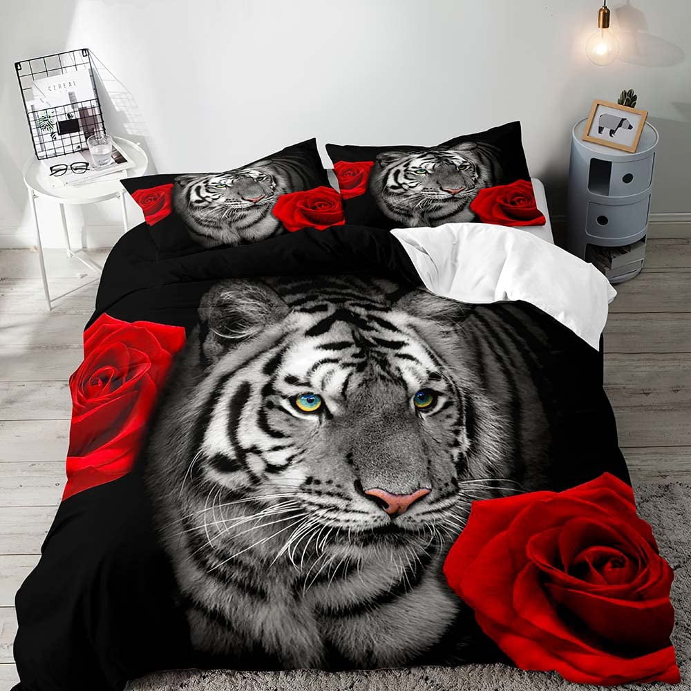 Comforter Set 3 Piece Red and White Rose Print Comforter Set Full King ...