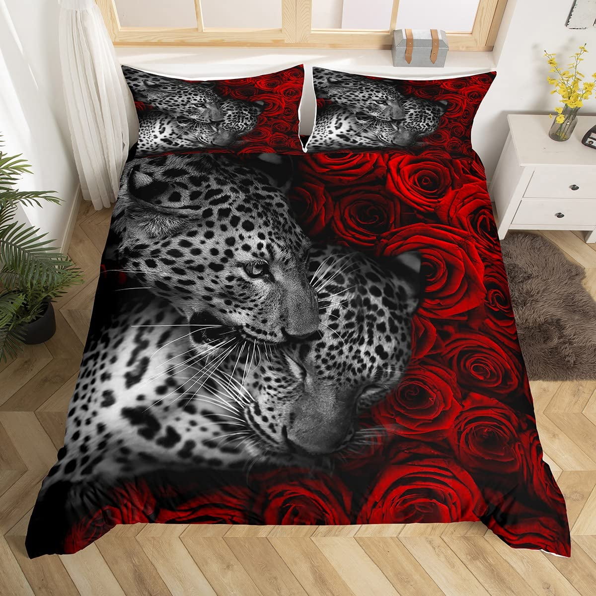 Comforter Set 3 Piece Red and White Rose Print Comforter Set Full King ...