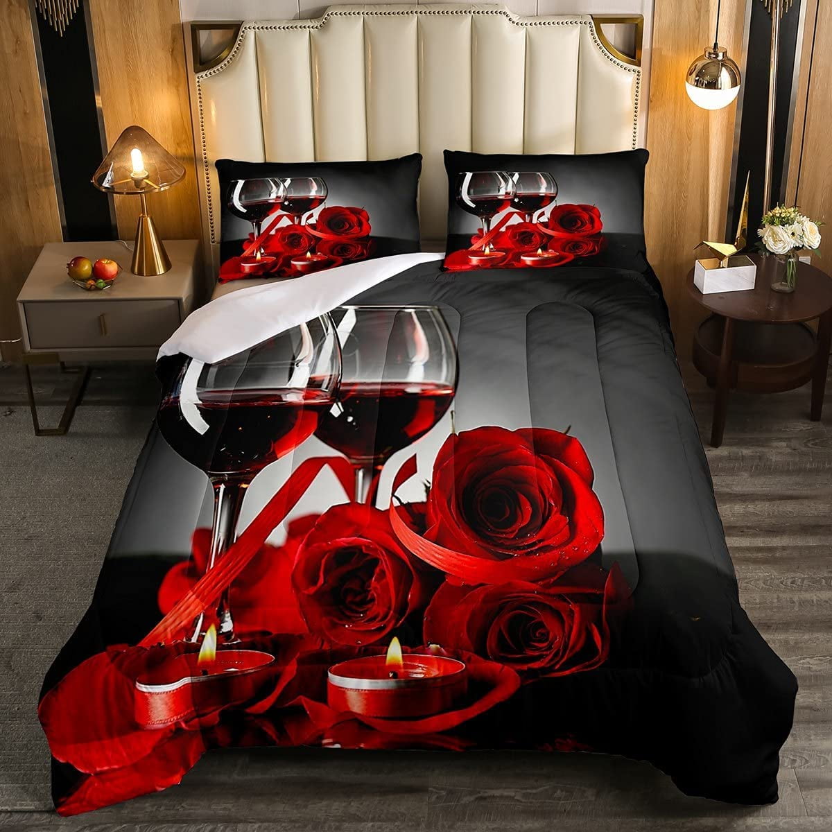 Comforter Set 3 Piece Red and White Rose Print Comforter Set Full King ...