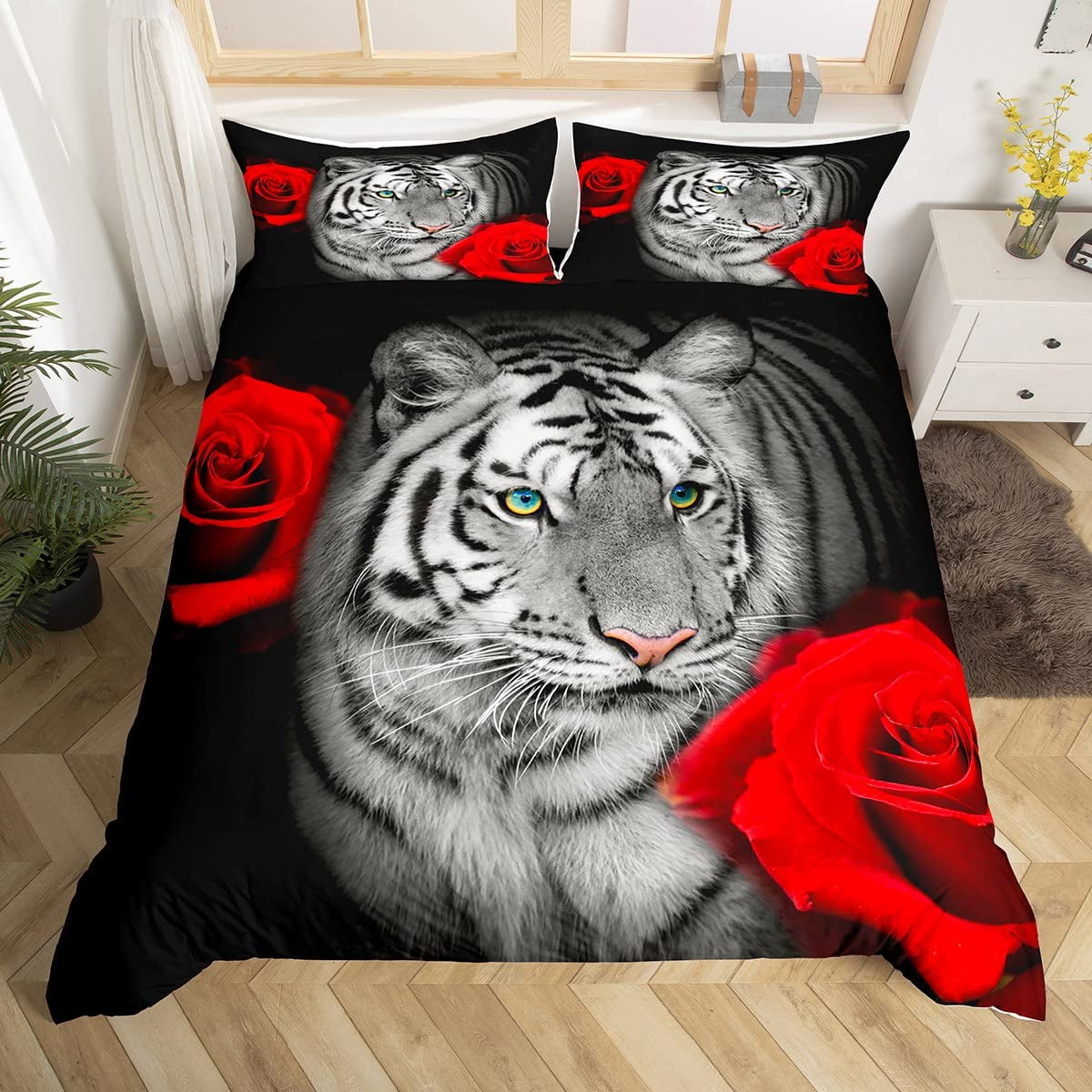 Comforter Set 3 Piece Red and White Rose Print Comforter Set Full King ...