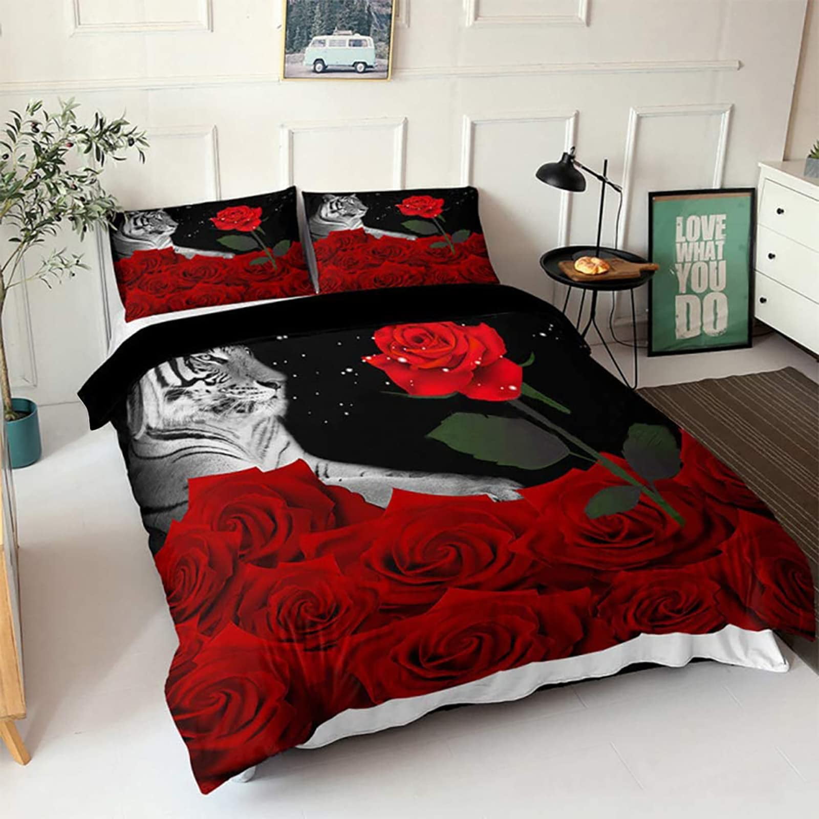 Comforter Set 3 Piece Red and White Rose Print Comforter Set Full King ...