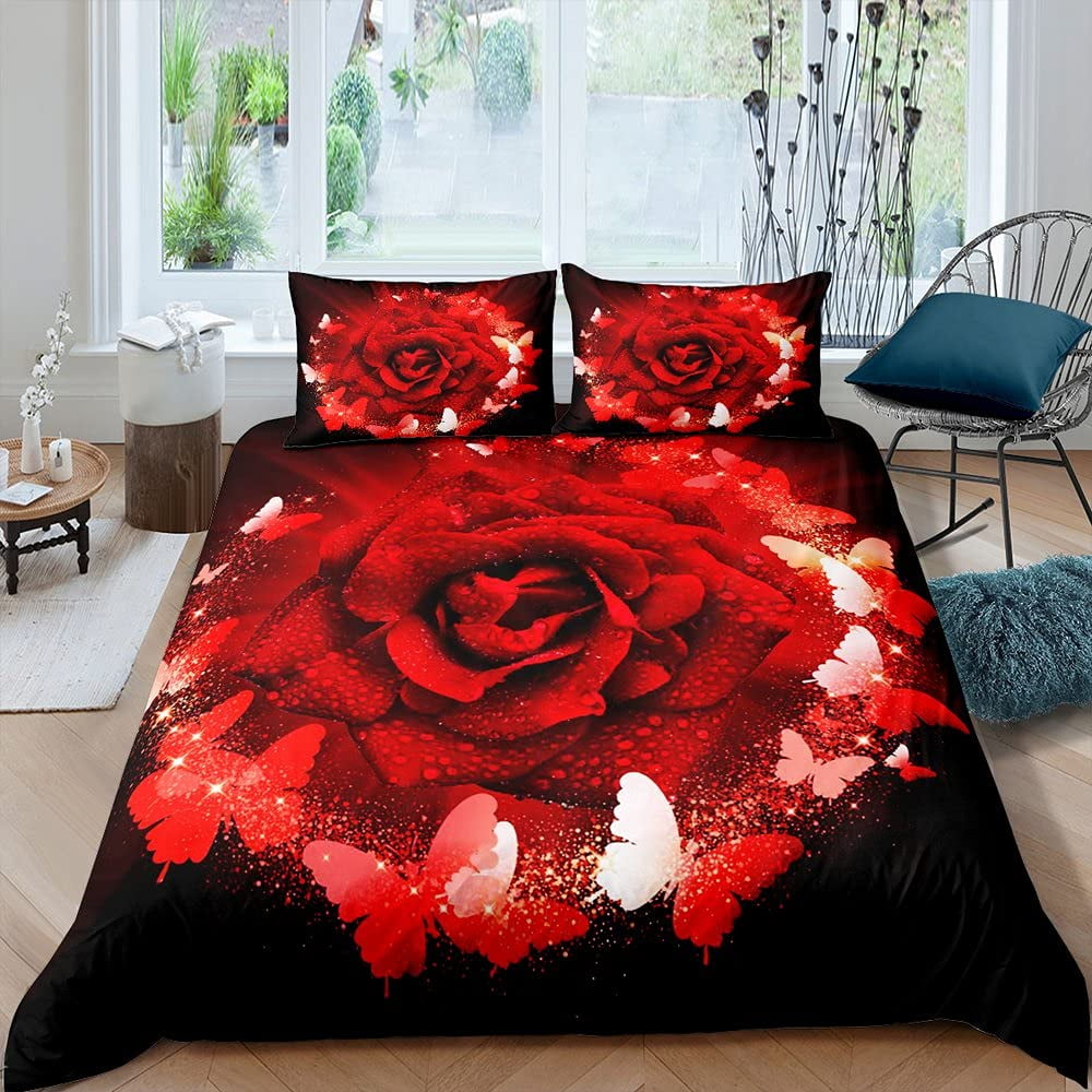 Comforter Set 3 Piece Red and White Rose Print Comforter Set Full King ...