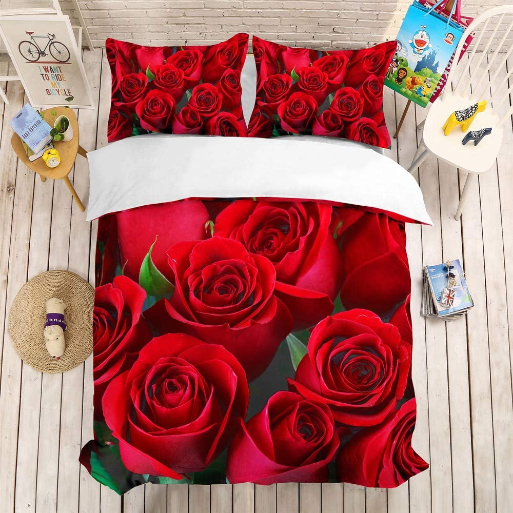 Comforter Set 3 Piece Red and White Rose Print Comforter Set Full King ...