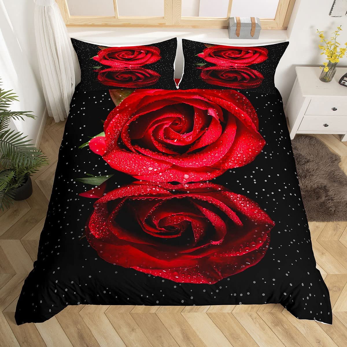 Comforter Set 3 Piece Red and White Rose Print Comforter Set Full King ...