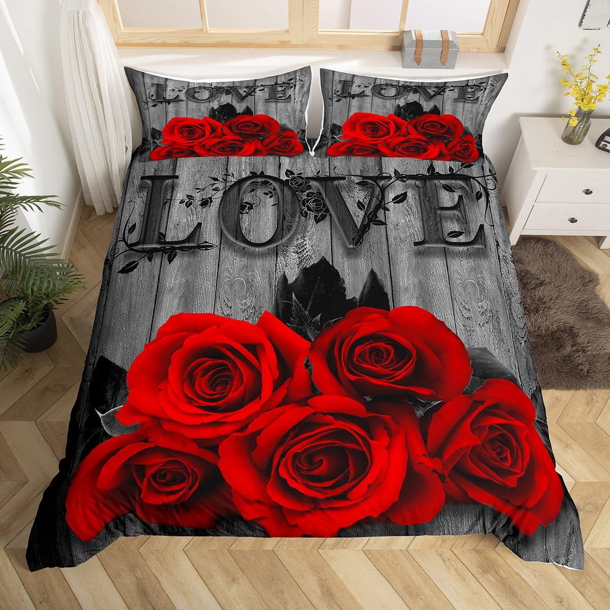 Comforter Set 3 Piece Red and White Rose Print Comforter Set Full King ...