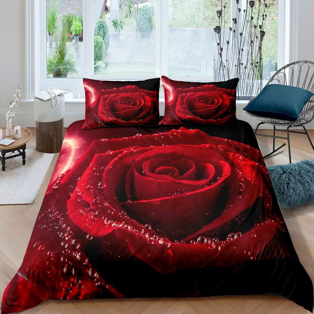 Comforter Set 3 Piece Red and White Rose Print Comforter Set Full King ...