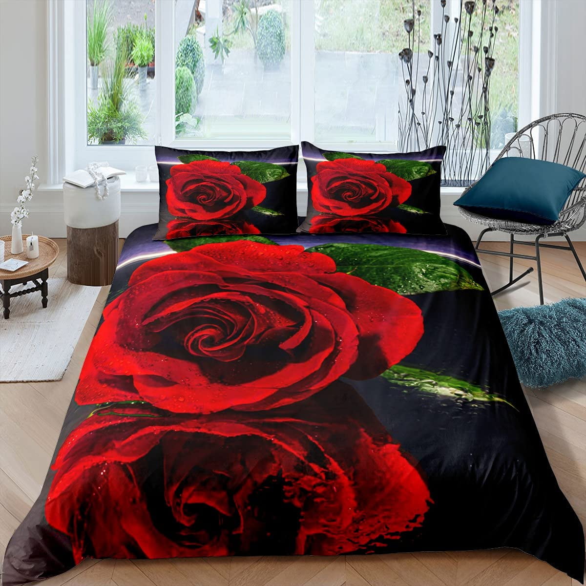 Comforter Set 3 Piece Red and White Rose Print Comforter Set Full King ...