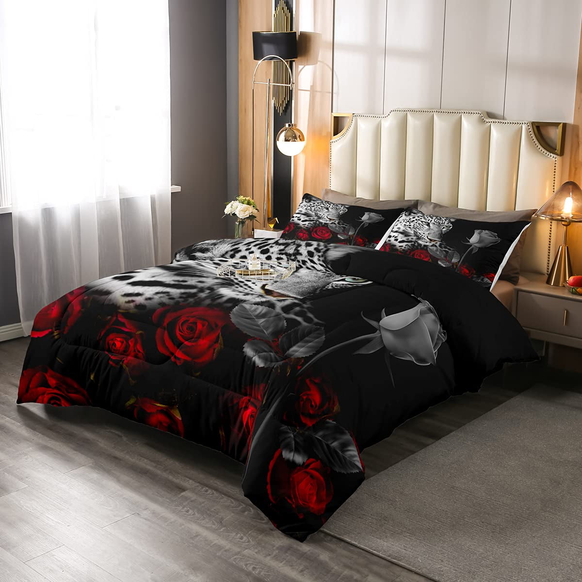 Comforter Set 3 Piece Red and White Rose Print Comforter Set Full King ...