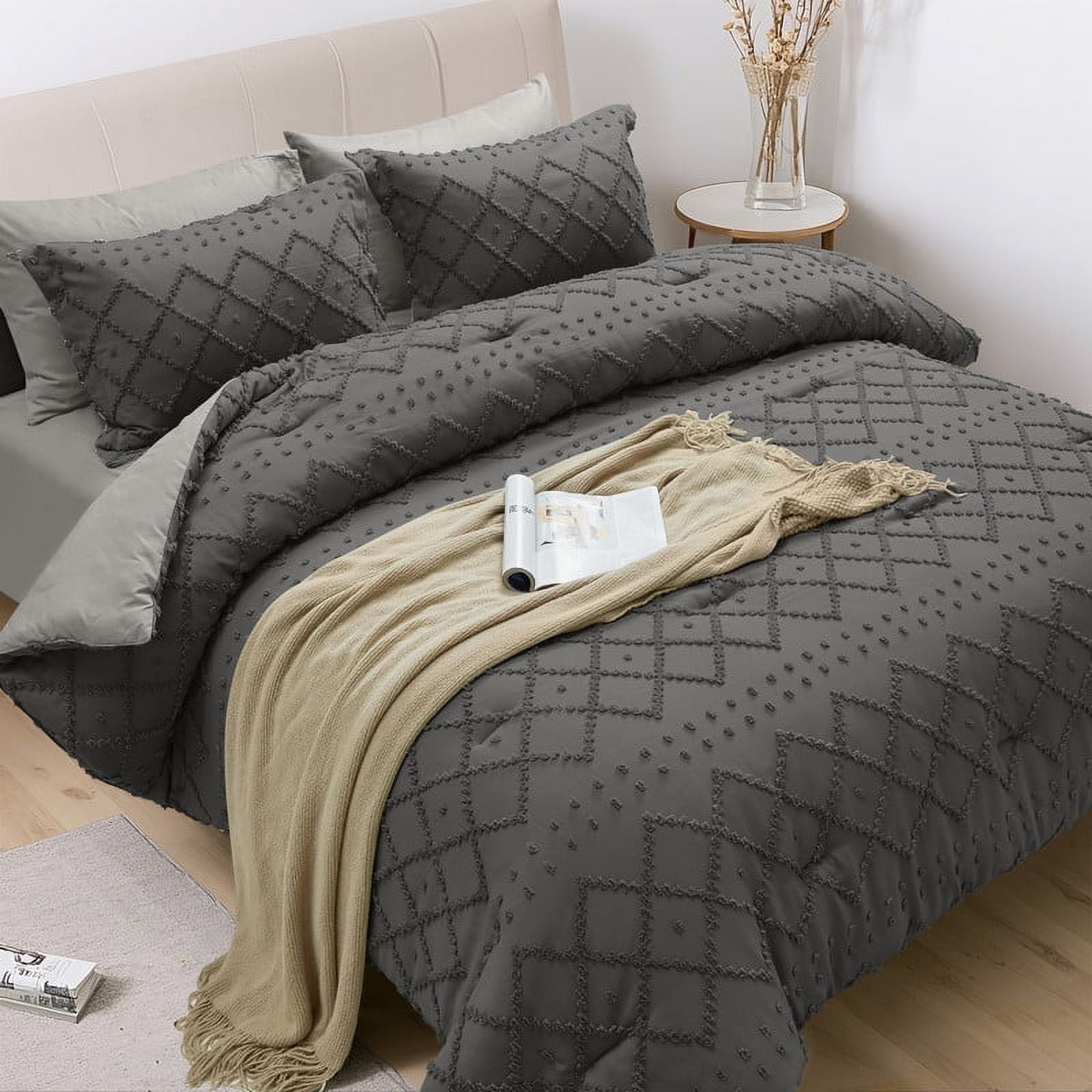 JUSTLET Comforter Set 7 Pieces Bed in a Bag, Grey Reversible Tufted ...