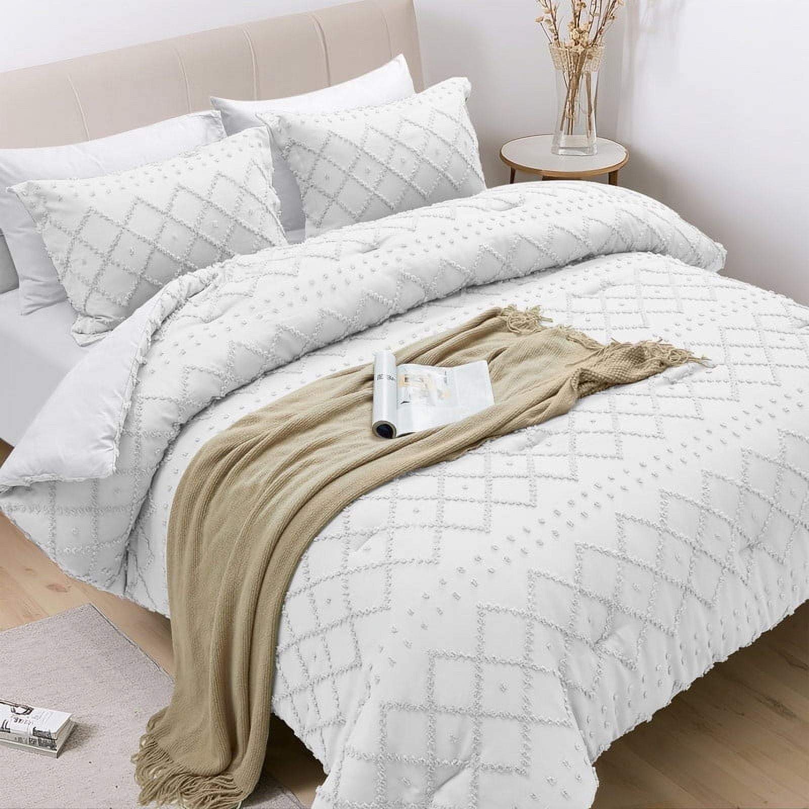 JUSTLET Comforter Set 7 Pieces, White Reversible Tufted Bedding King ...