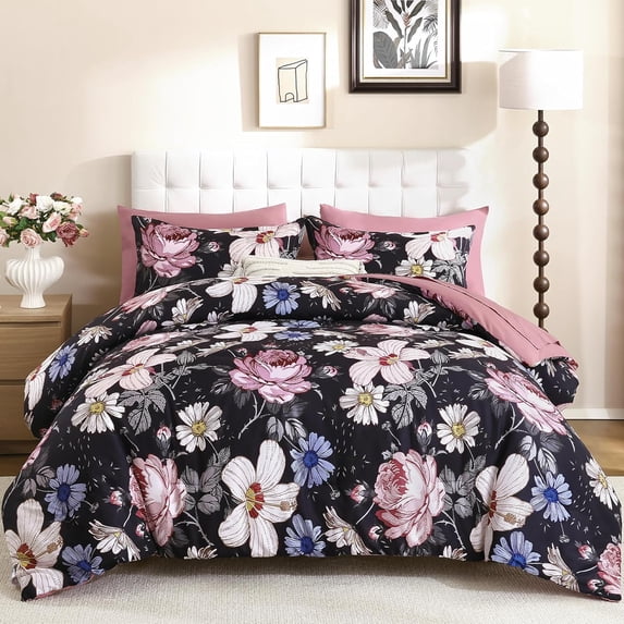 Comforter Set 7 count Bedding Sets,Black Floral Comforter and Sheet Set ...