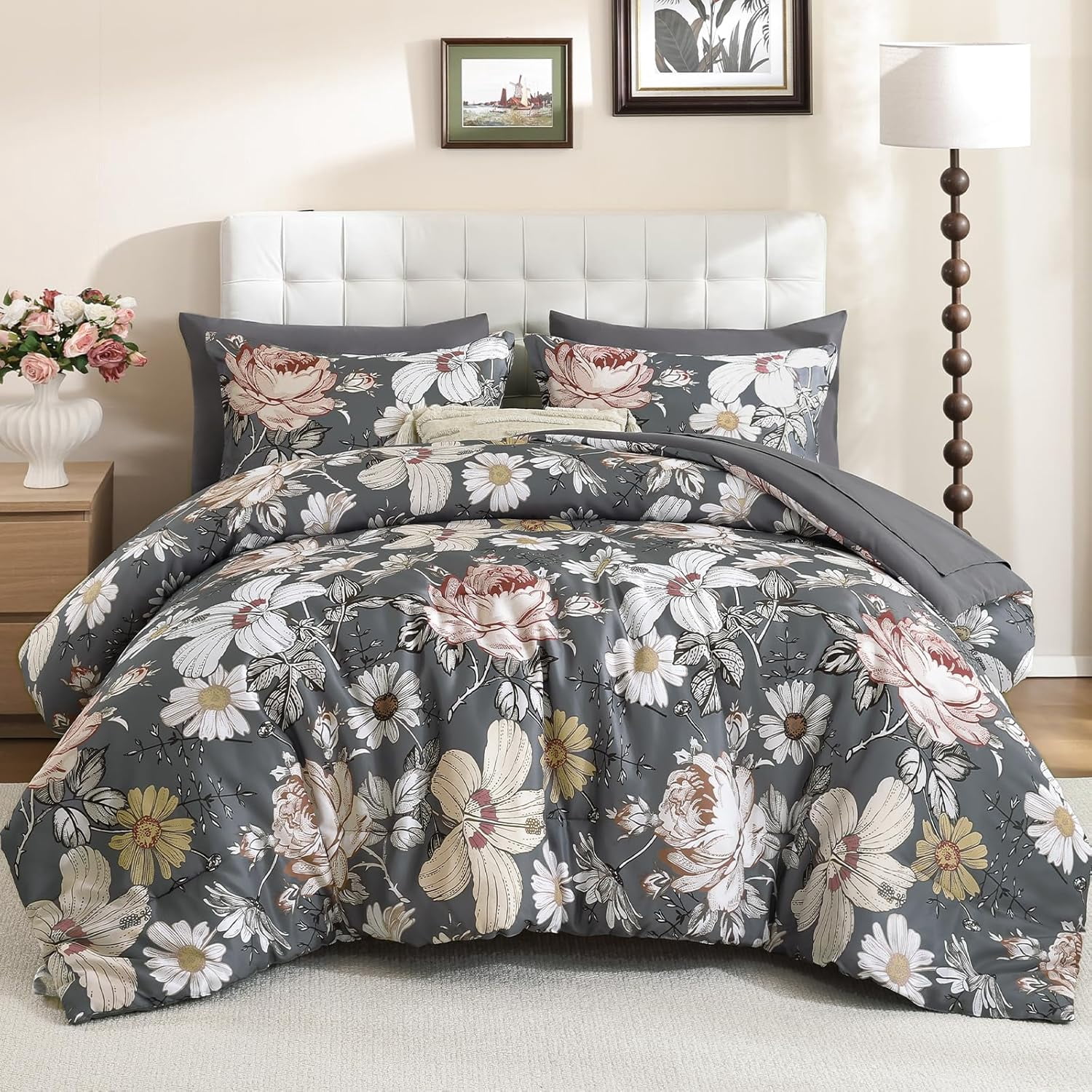 Comforter Set 7 count Bedding Sets,Gray Floral Comforter and Sheet Set ...