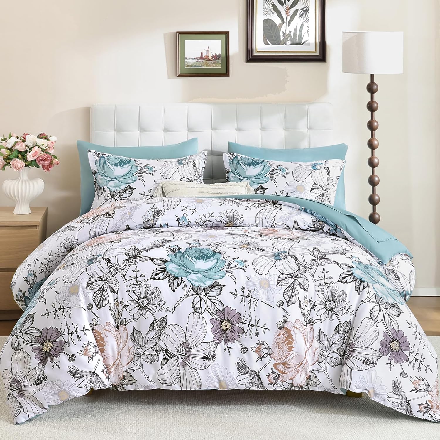 Comforter Set 7 count Bedding Sets,Teal Blue Floral Comforter and Sheet ...