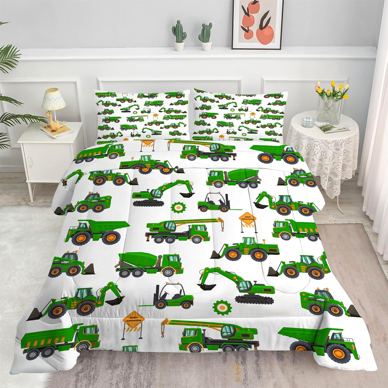 Comforter Set Green Tractor: Full Size Cartoon Excavator Truck Car ...