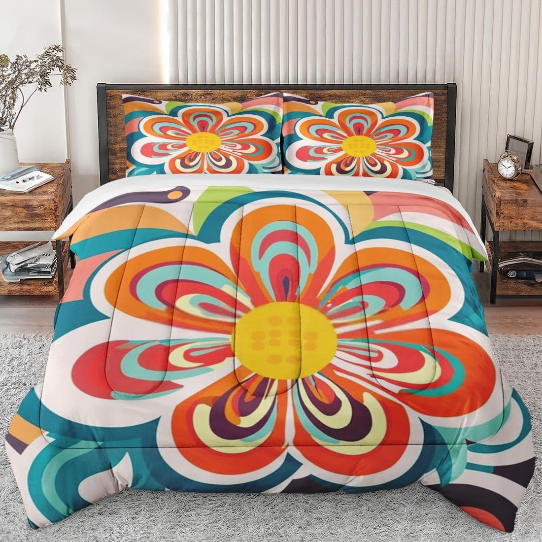Comforter Set King Size, Colorful Psychedelic Floral Retro Soft Bedding ...