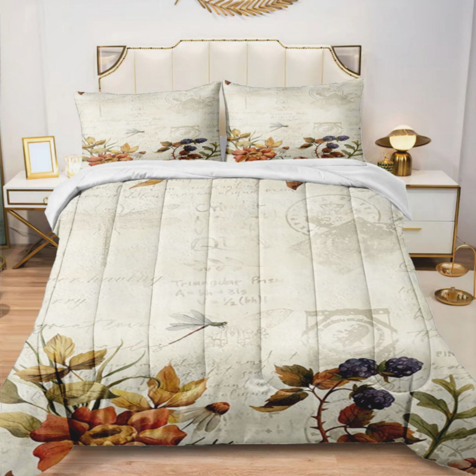 Comforter Set With Pillow Cases Fall Flowers Leaves Butterfly Dragonfly ...