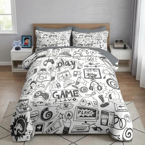 Comforter Set Twin Size, Computer Games Doodles 5 Pcs Bedding for Kids ...