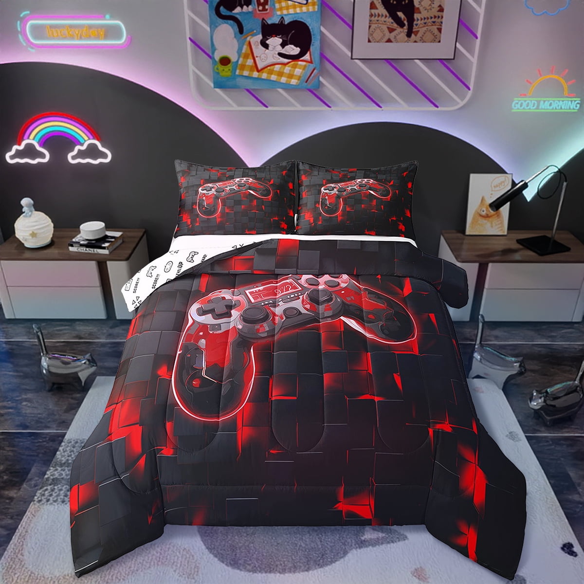 Comforter Set Twin Size Game Console Bedding Teen Black and Red Gamepad ...