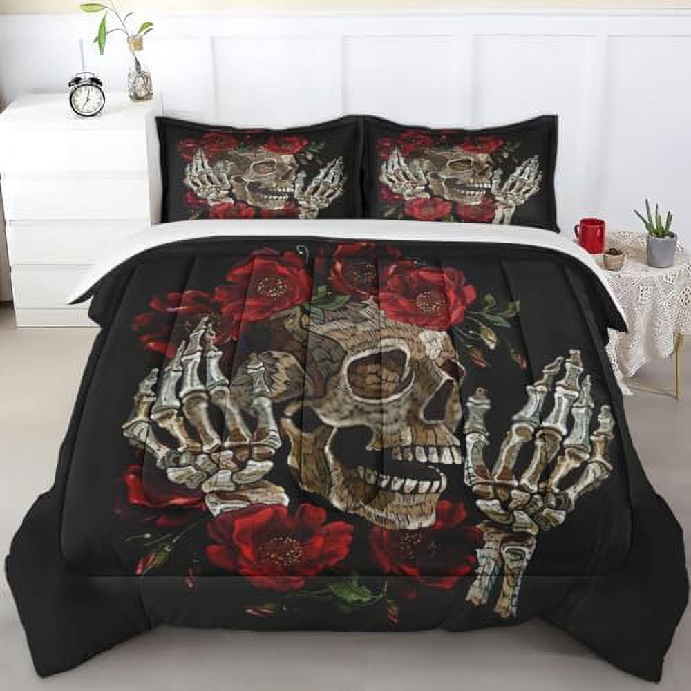 Comforter Set Twin Size Gothic Skeleton Skull Red Bedding Set for Kids ...