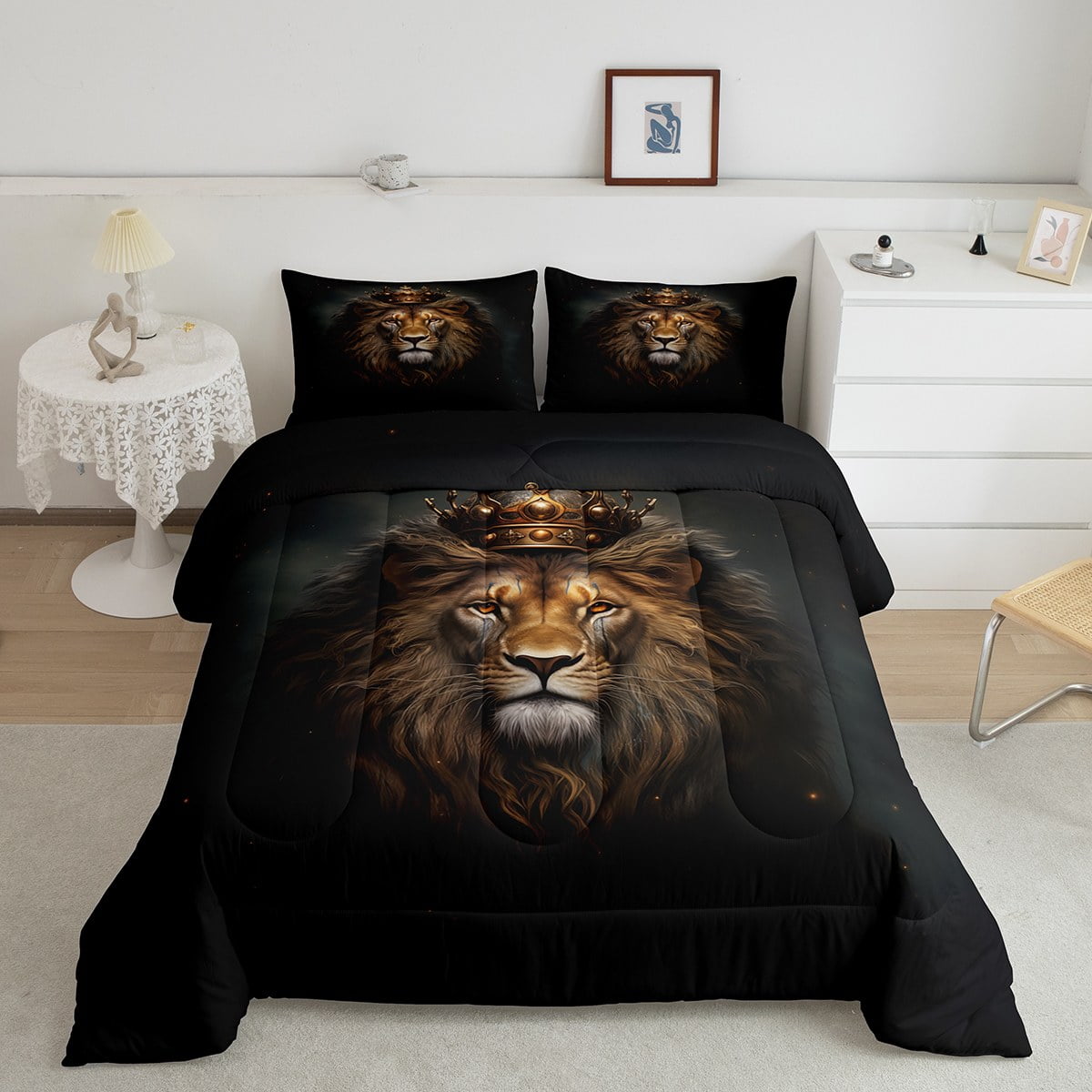 Comforter Set Twin Size, King Lion Golden Print Bedding Black 3D Lion ...
