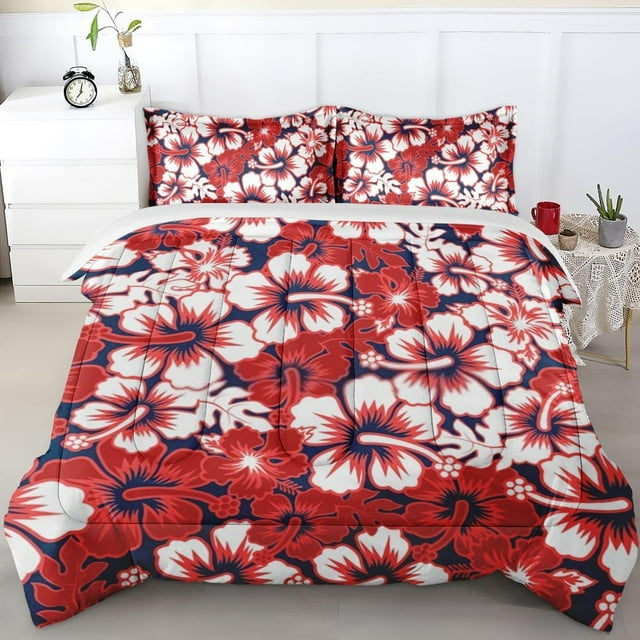 Comforter Set Twin Size, Surf Floral Hibiscus Hawaiian Bedding Set for ...
