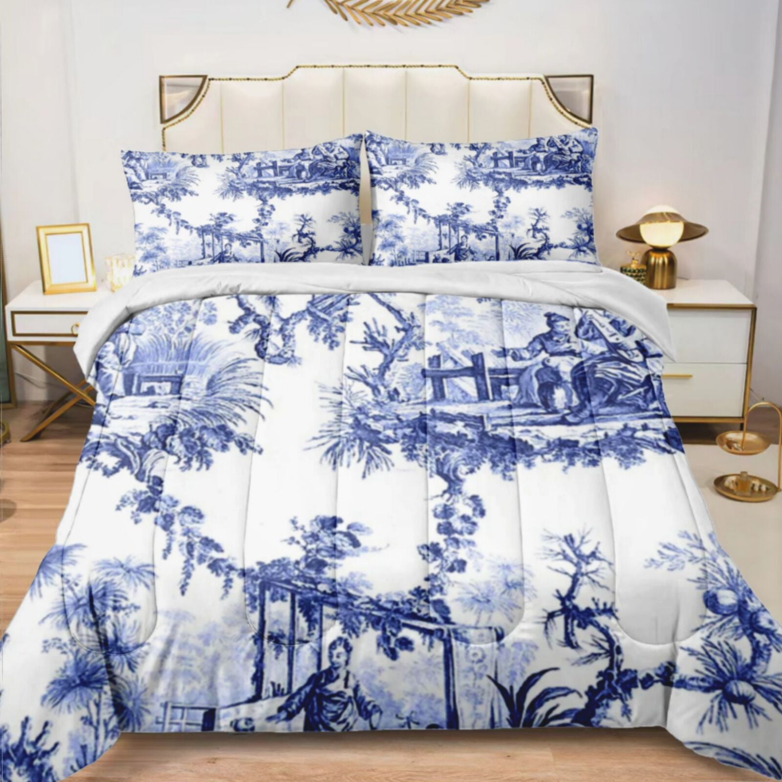 Comforter Set With Pillow Cases Blue Chinoiserie Toile Bedding Set for ...