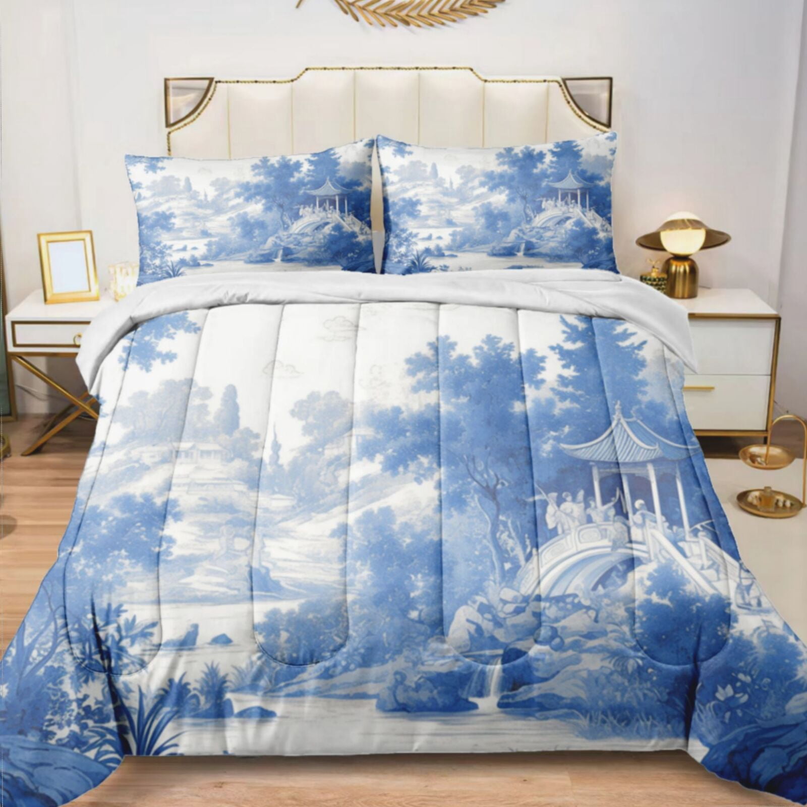Comforter Set With Pillow Cases Chinoiserie Toile blue gazebo Bedding ...