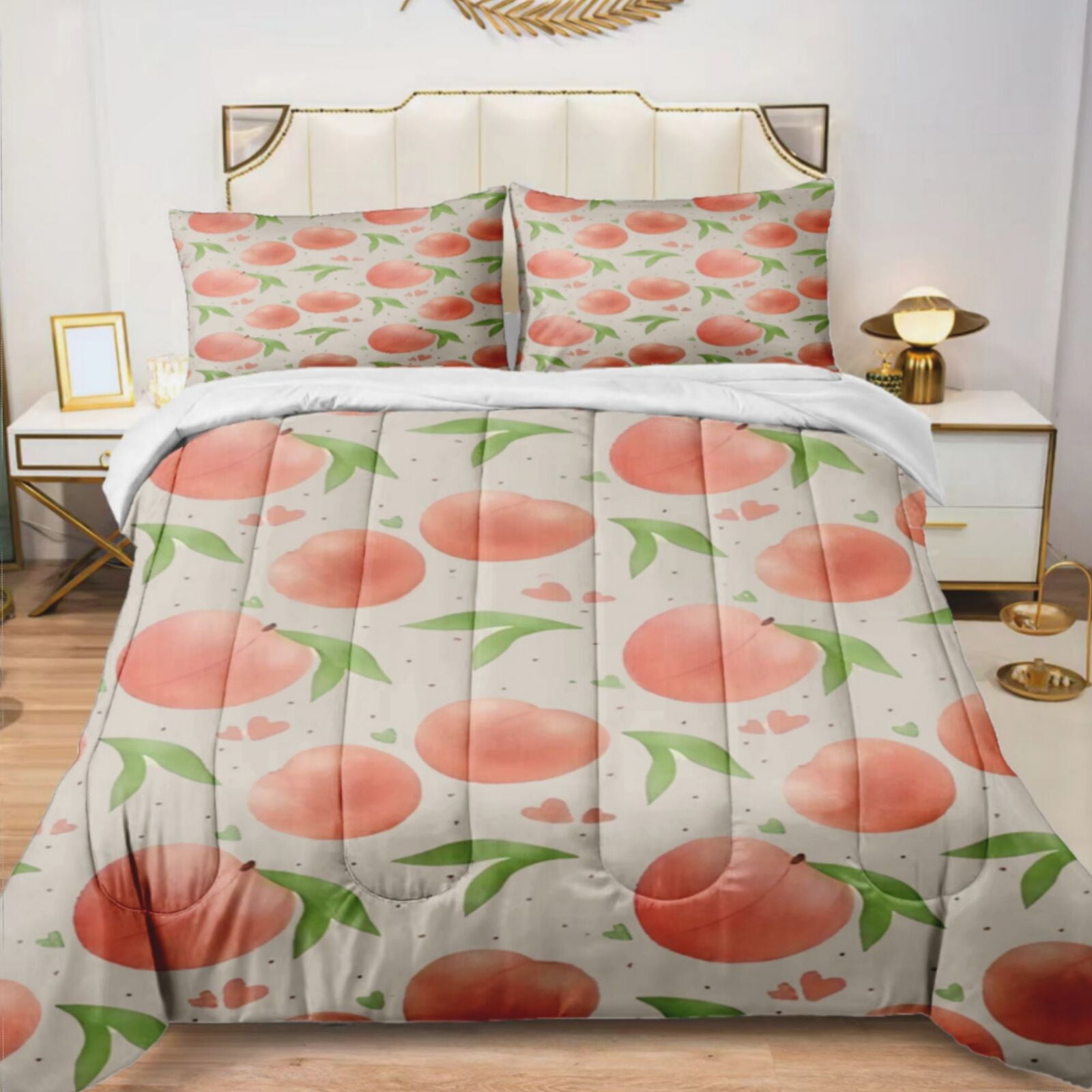 Comforter Set With Pillow Cases Hand drawn peach pattern Bedding Set ...