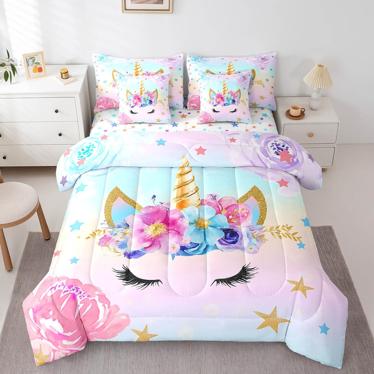 Comforters Full Size Set with Sheets for Kids Flower Girls Unicorn,7 ...