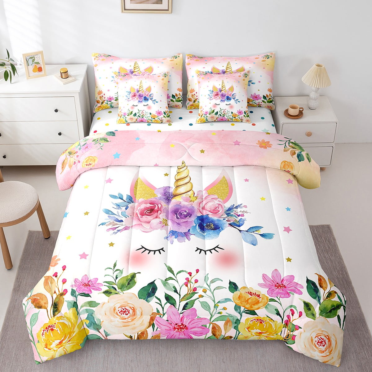 Comforters King Size Set with Sheets for Kids Cartoon Floral Unicorn,7 ...