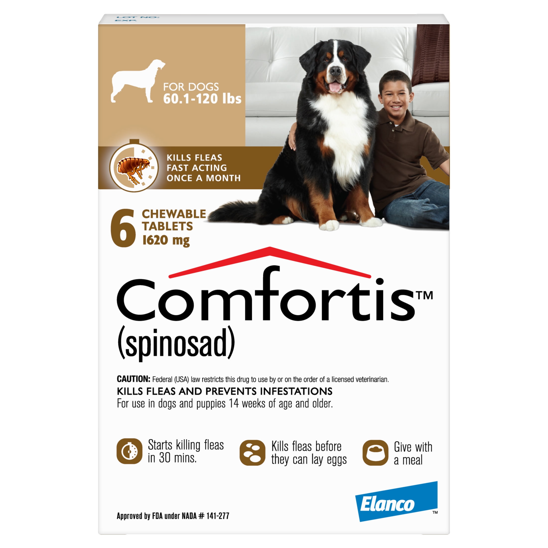 Comfortis Chewable Tablet for Dogs, 60.1-120 lbs, (Brown Box) - Walmart.com