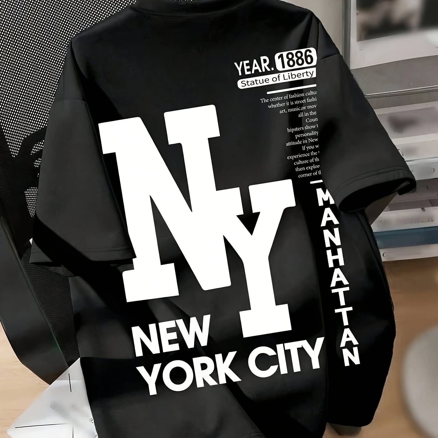 Comfortna Oversized Black New York Graphic Print Round Neck S1Hort Sve ...