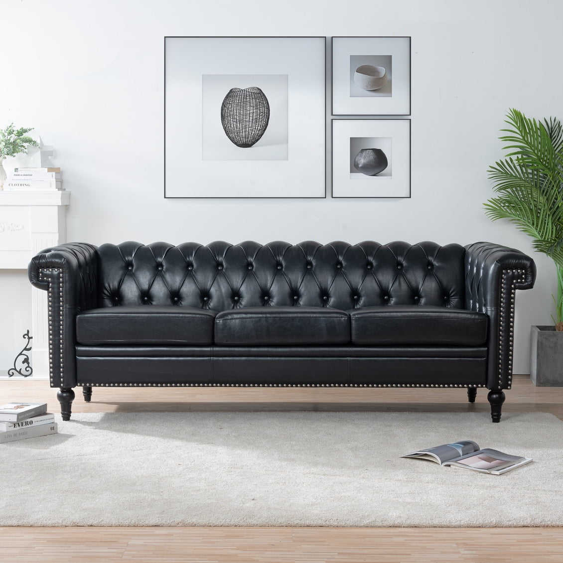 Comfy 3 Seater Sofa, Modern Sofa Couch with Square Arms and Wood Legs ...