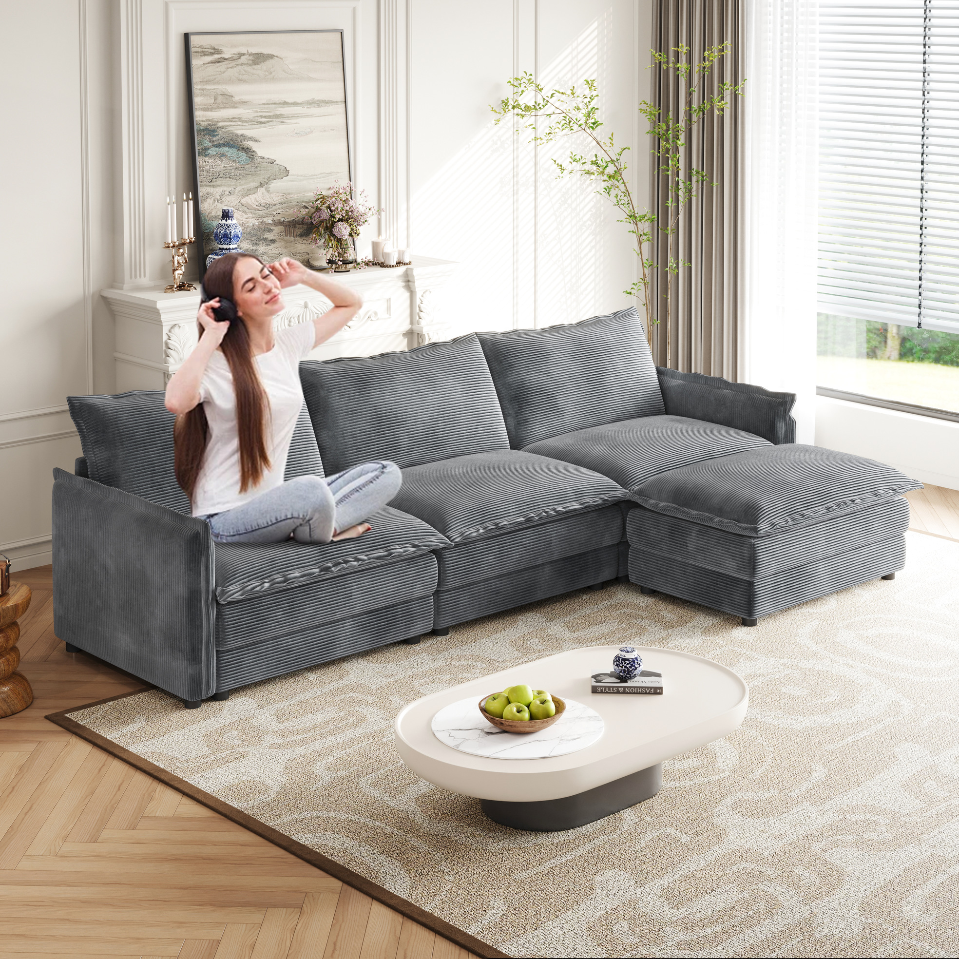 Comfy 4 L Shaped Couch With Corduroy And Spacious Interior 3 Cloud ...