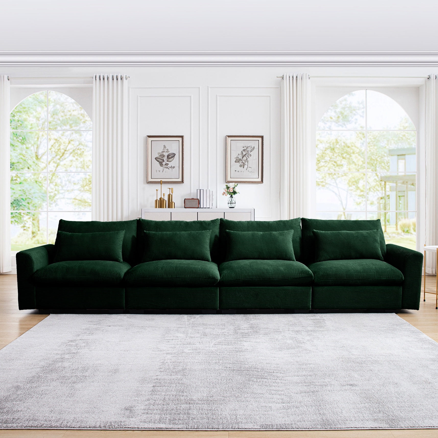 Comfy 4-Seat Deep Seat Green Corduroy Couch / Flexible Combinations for ...