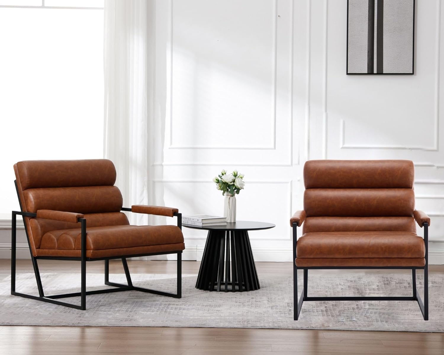 Comfy Accent Chair Brown PU Leather Channel Tufting Upholstered Arm ...