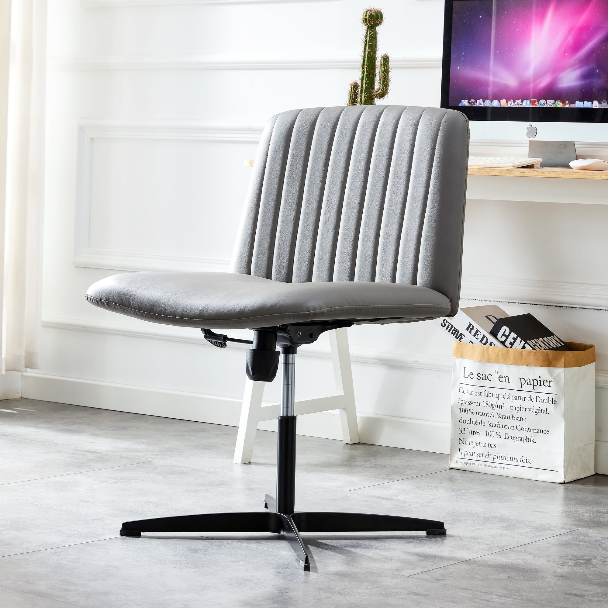 Comfy Armless Office Desk Chair No Wheels, PU Leather Swivel Wide Seat ...