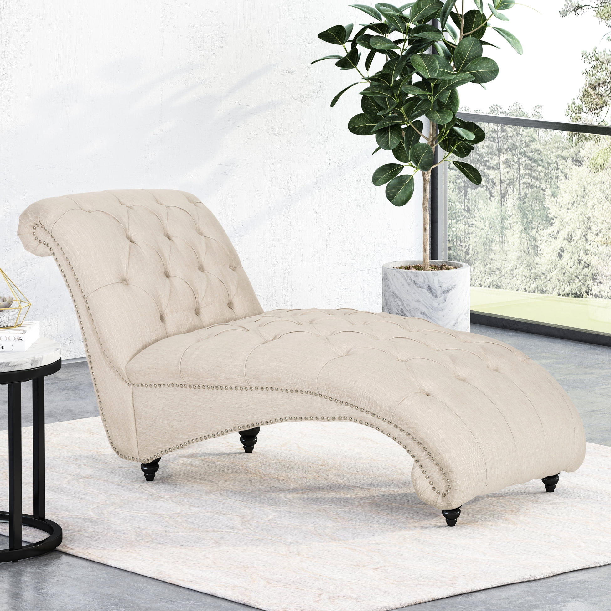 Comfy Beige Chaise Lounge, Button , Diamond Stitch, Curvy Birch Wood ...