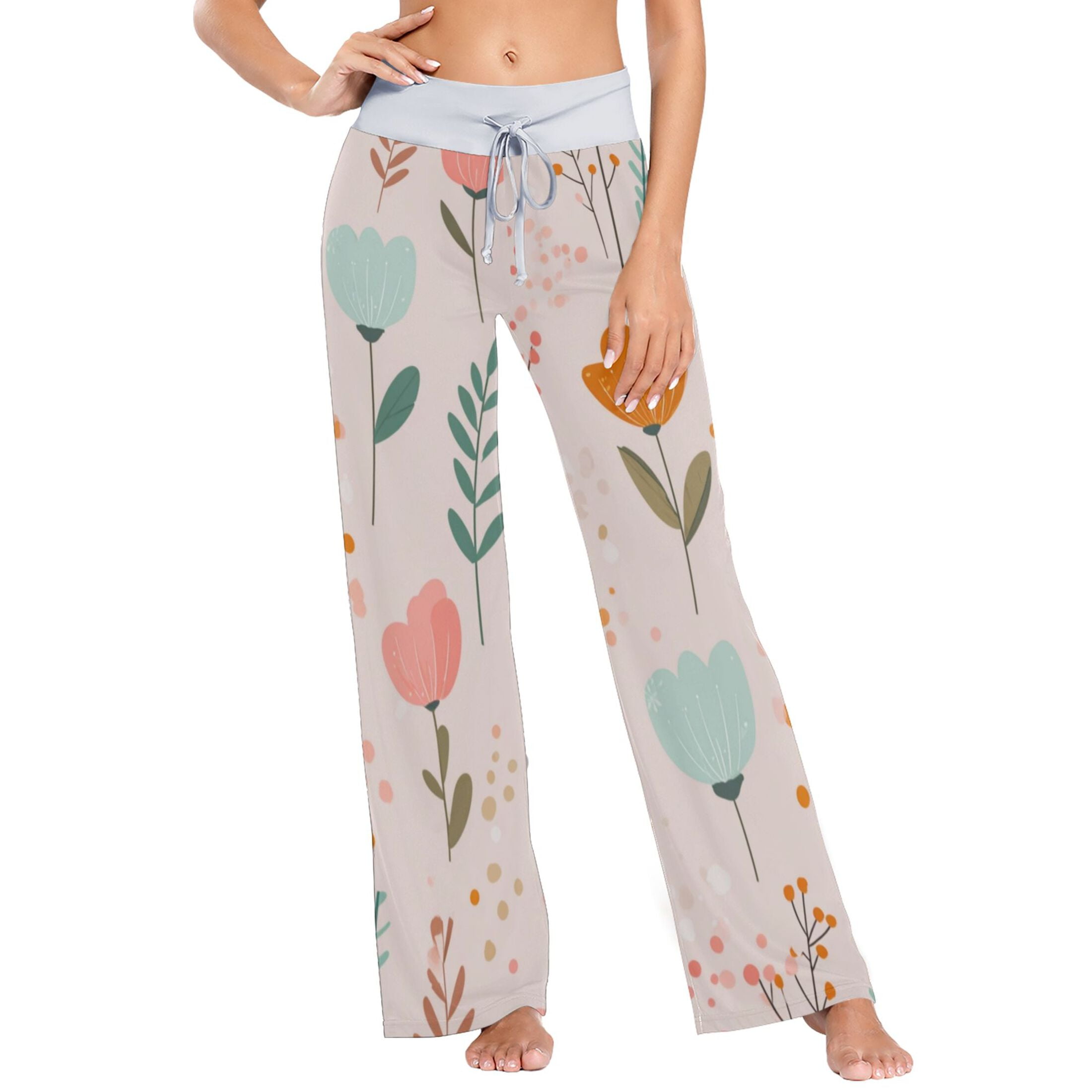 Comfy Casual Women's Pajama Floral Print Wide Leg Pants Hand-drawn ...